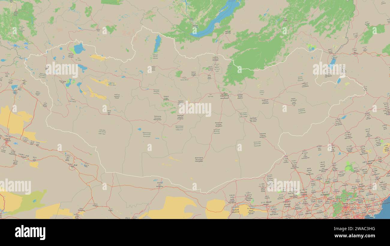 Mongolia outlined on a topographic, OSM Germany style map Stock Photo - Alamy