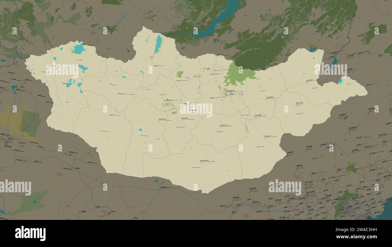 Mongolia highlighted on a topographic, OSM Humanitarian style map Stock ...