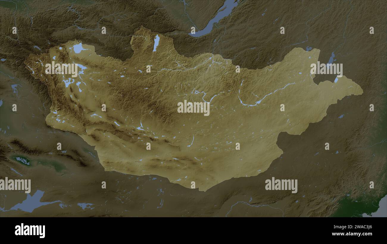 Mongolia highlighted on a Pale colored elevation map with lakes and ...