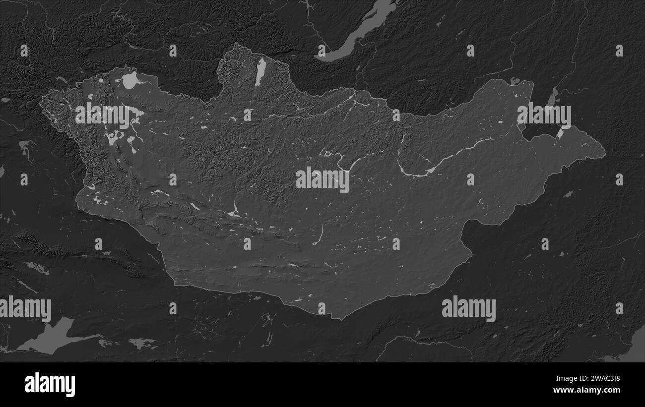Mongolia highlighted on a Bilevel elevation map with lakes and rivers ...
