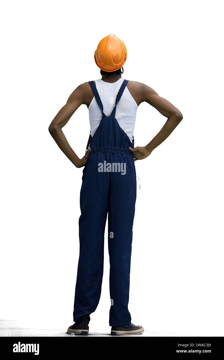 A male construction worker, on a white background, in full height ...