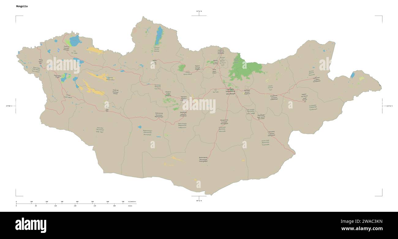 Shape of a topographic, OSM Germany style map of the Mongolia, with ...