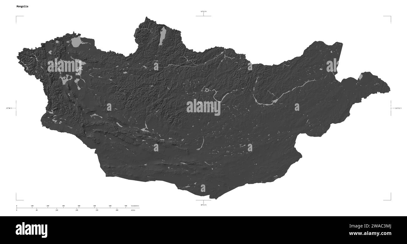 Shape of a Bilevel elevation map with lakes and rivers of the Mongolia, with distance scale and ...
