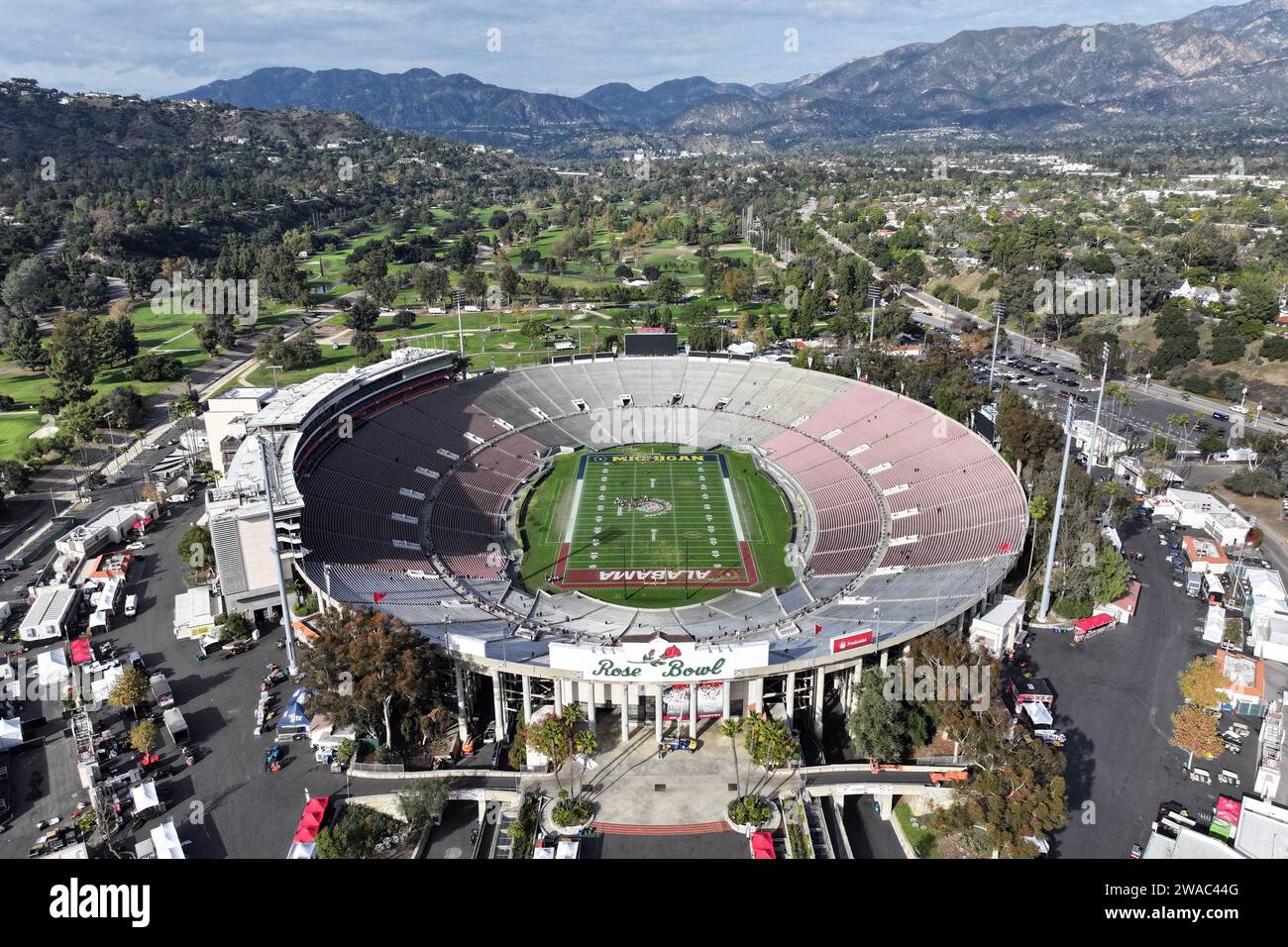 A general overall aerial view of Rose Bowl Stadium with Football field ...