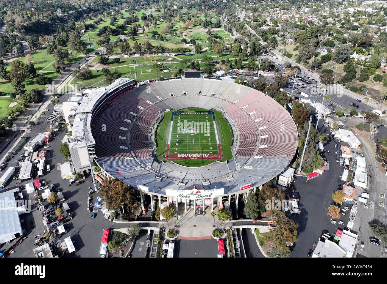 A general overall aerial view of Rose Bowl Stadium with Football field ...