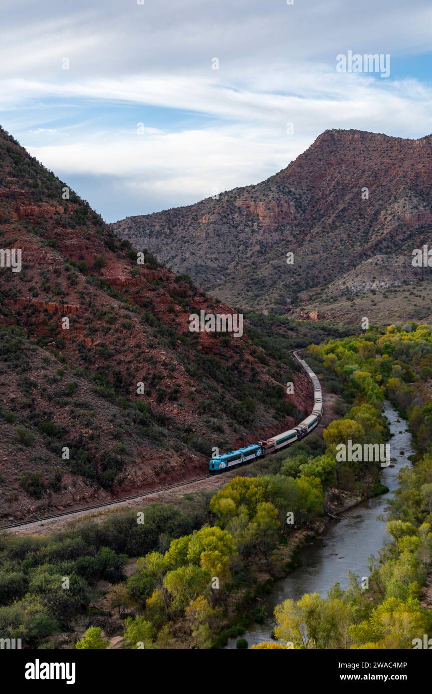 Verde Canyon Railroad running beside the Verde River, Arizona Stock ...