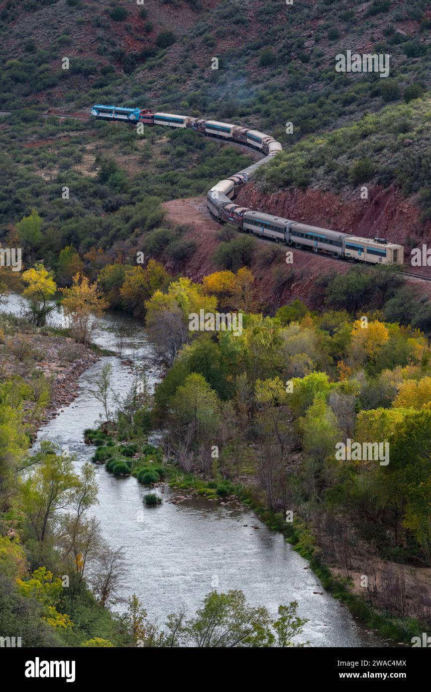 Verde Canyon Railroad running beside the Verde River, Arizona Stock ...