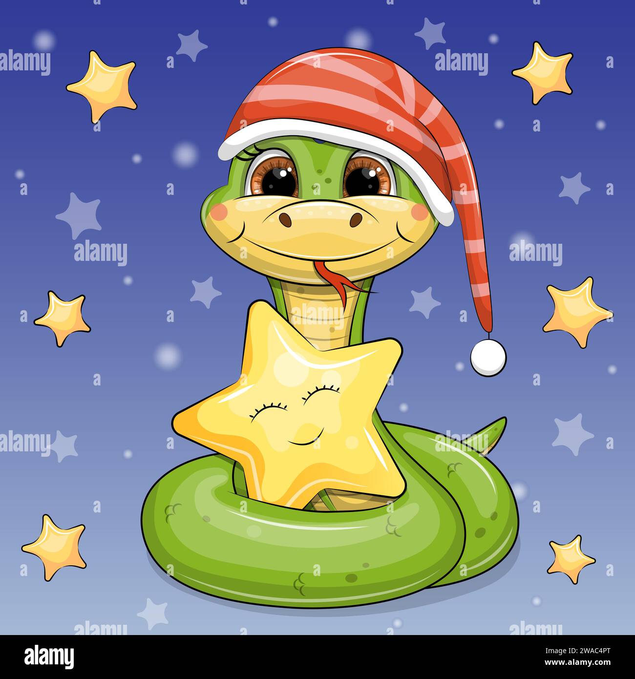 Cute cartoon green snake in red nightcap holds a yellow star. Night vector illustration on dark ...