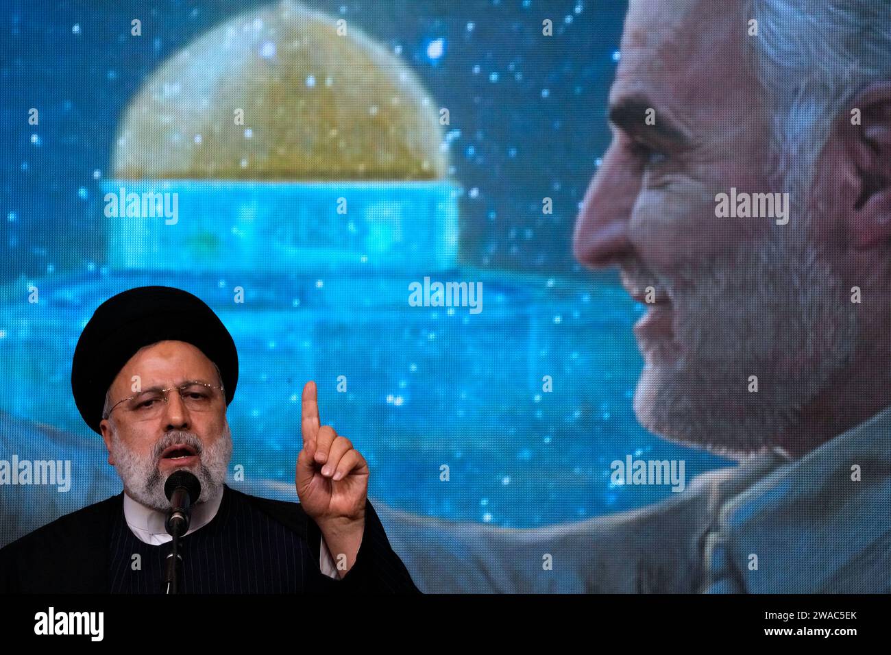 Iranian President Ebrahim Raisi speaks during a commemoration for the ...
