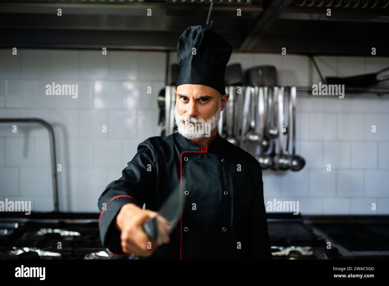 Professional chef with a stern look standing in a stainless steel ...