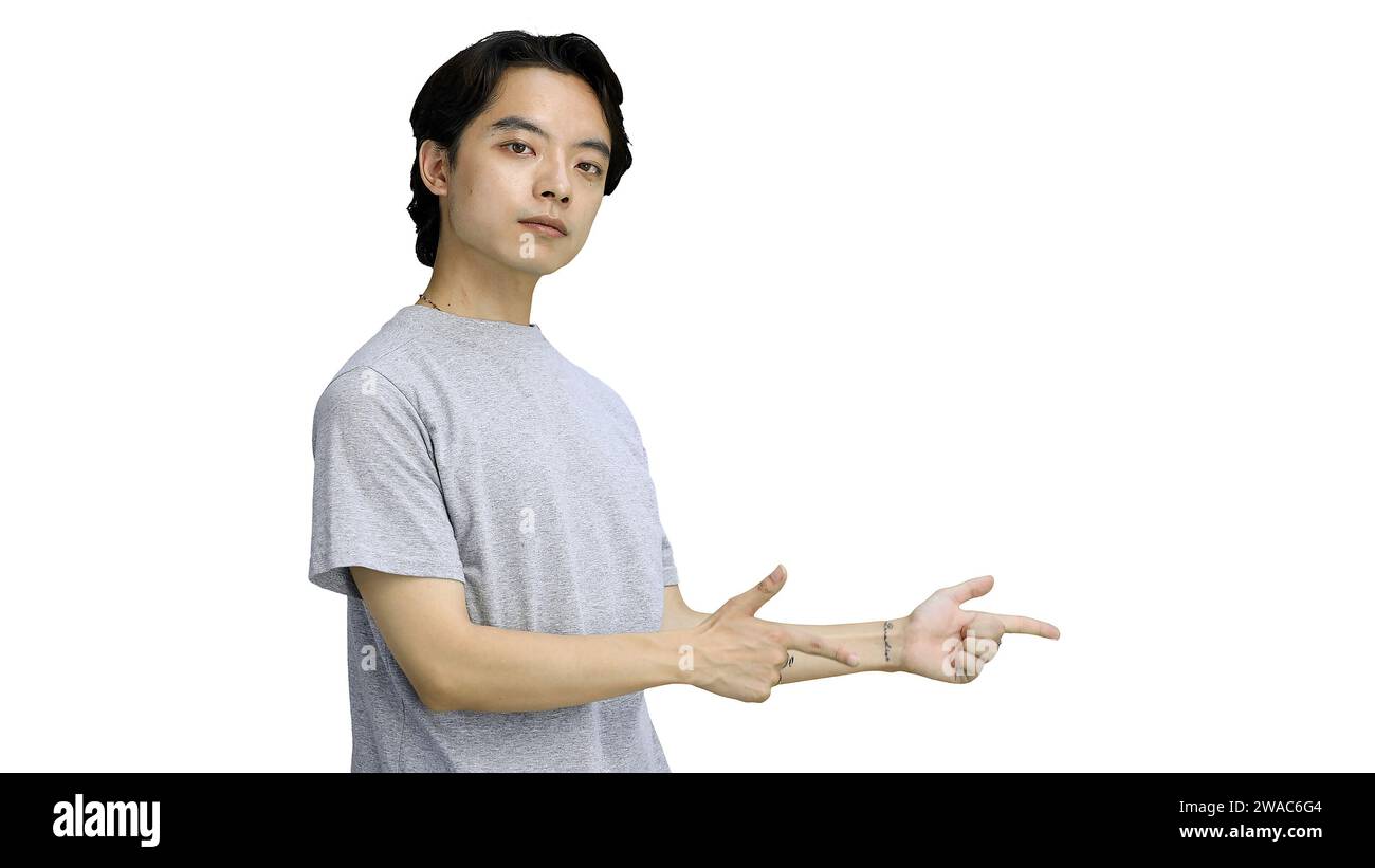 Hispanic man beard pointing palm Cut Out Stock Images & Pictures - Alamy