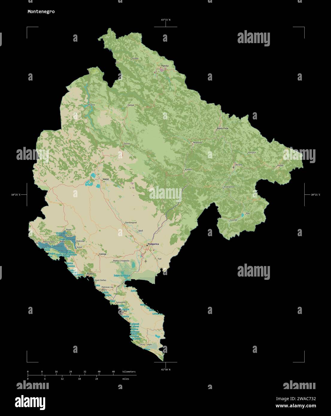 Shape of a topographic, OSM Humanitarian style map of the Montenegro ...