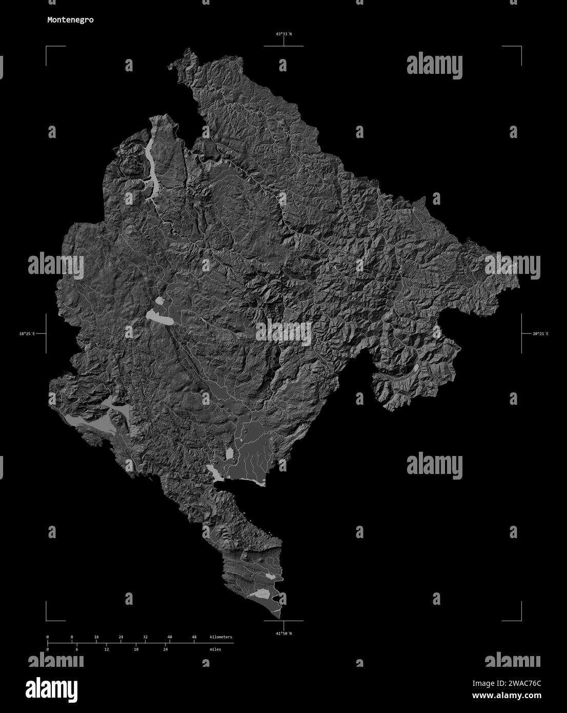 Shape of a Bilevel elevation map with lakes and rivers of the Montenegro, with distance scale ...