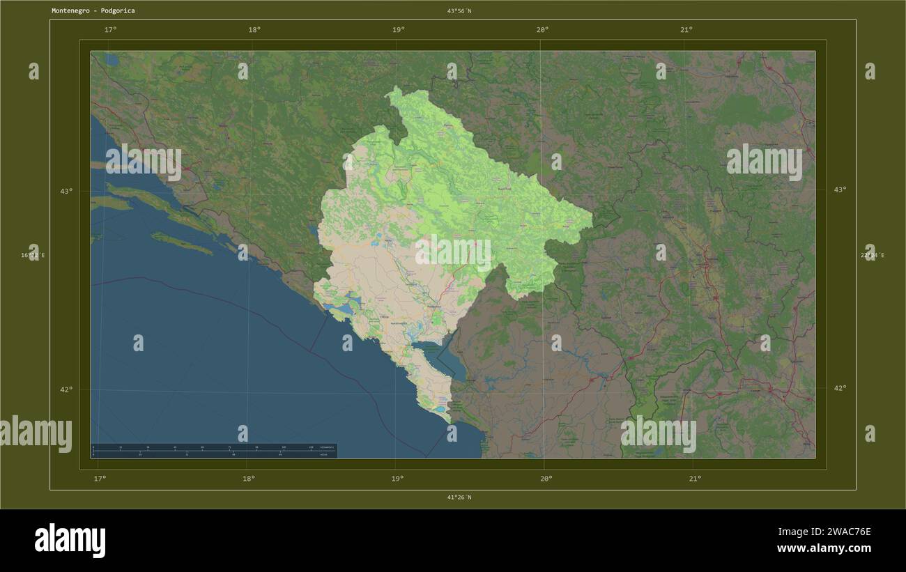 Montenegro highlighted on a topographic, OSM standard style map map ...
