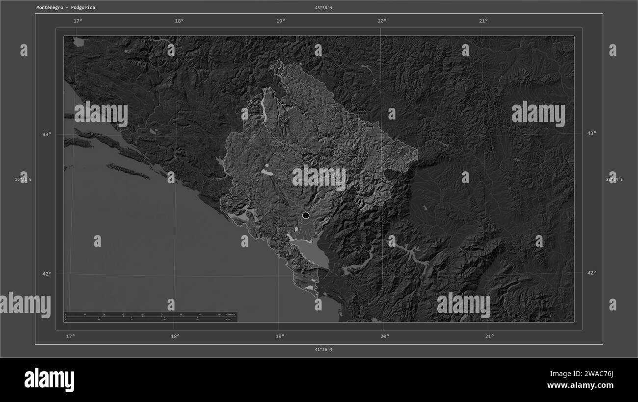 Montenegro highlighted on a Bilevel elevation map with lakes and rivers map with the country's ...