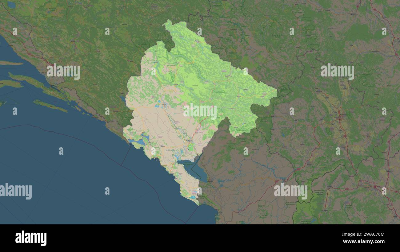 Montenegro highlighted on a topographic, OSM standard style map Stock ...