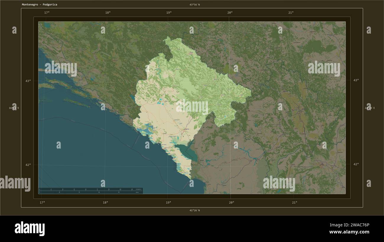 Montenegro highlighted on a topographic, OSM Humanitarian style map map ...