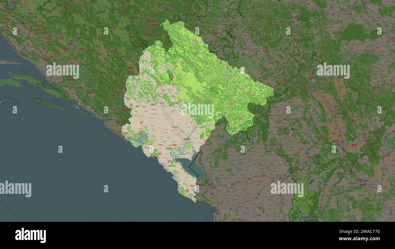 Montenegro highlighted on a topographic, OSM France style map Stock ...