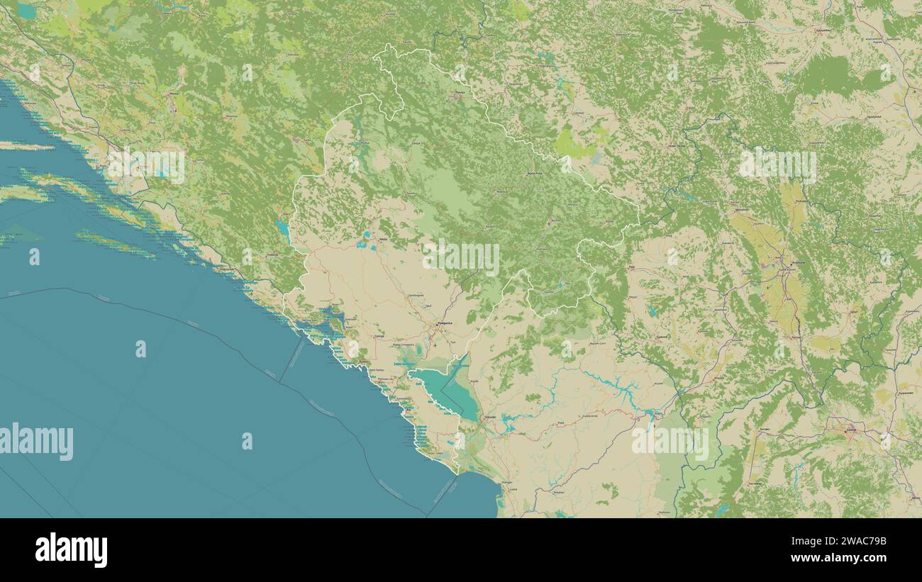 Montenegro outlined on a topographic, OSM Humanitarian style map Stock ...