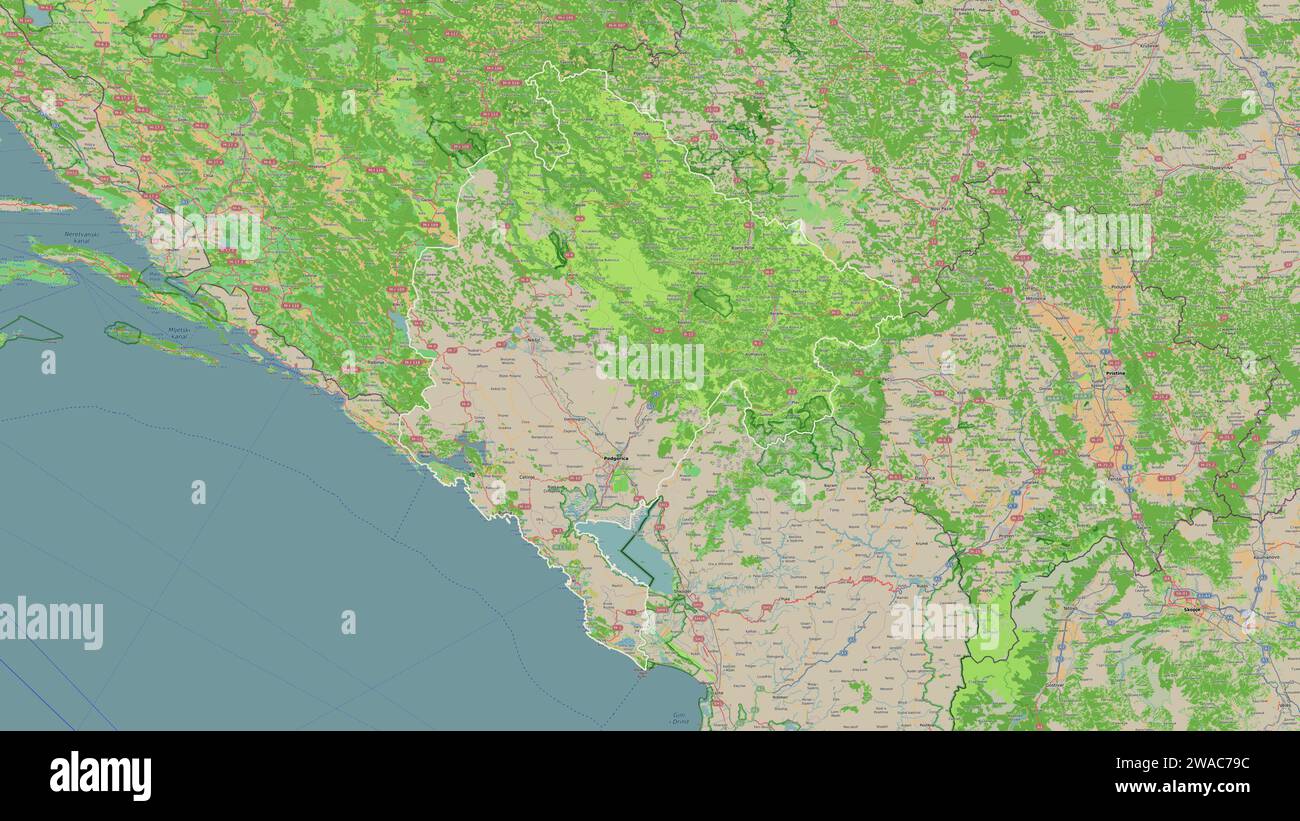Montenegro outlined on a topographic, OSM France style map Stock Photo ...