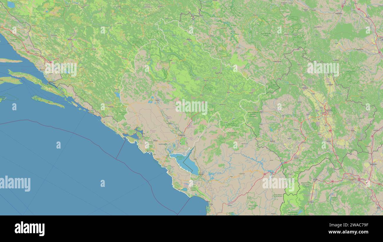 Montenegro outlined on a topographic, OSM standard style map Stock ...