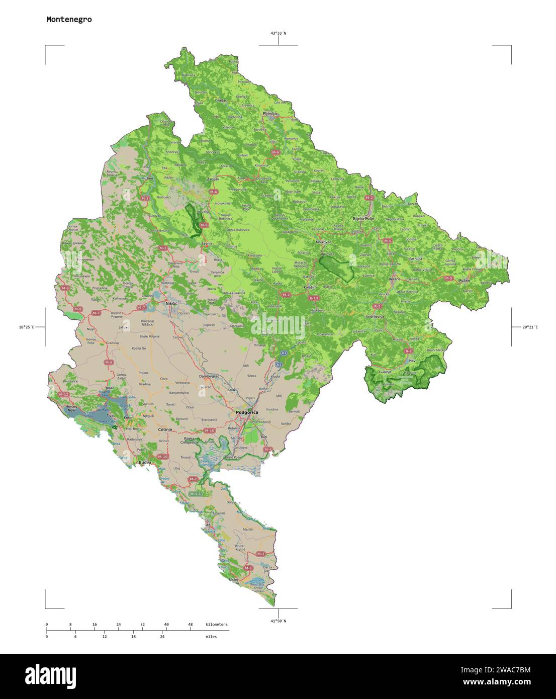 Shape of a topographic, OSM France style map of the Montenegro, with ...