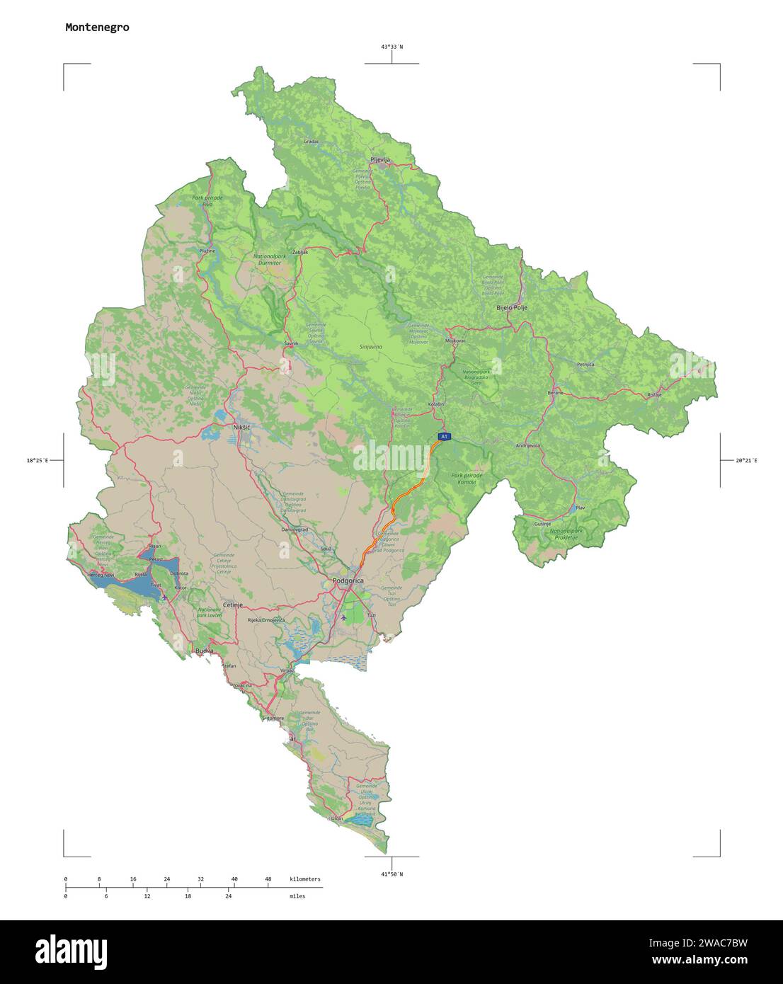 Shape of a topographic, OSM Germany style map of the Montenegro, with distance scale and map ...