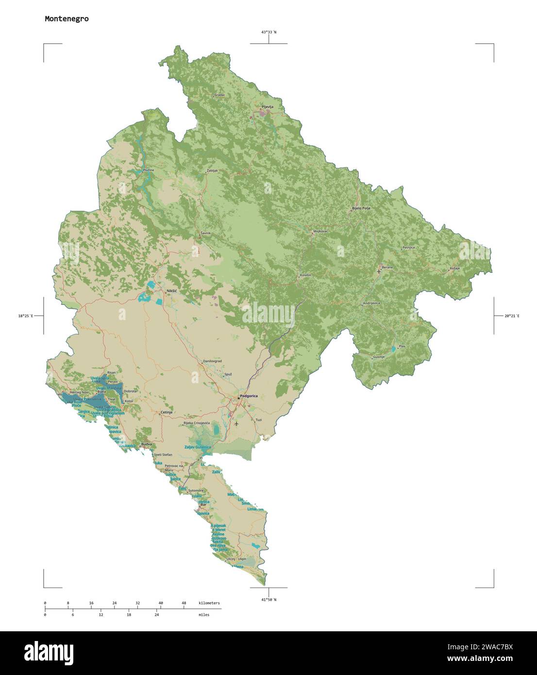 Shape of a topographic, OSM Humanitarian style map of the Montenegro ...