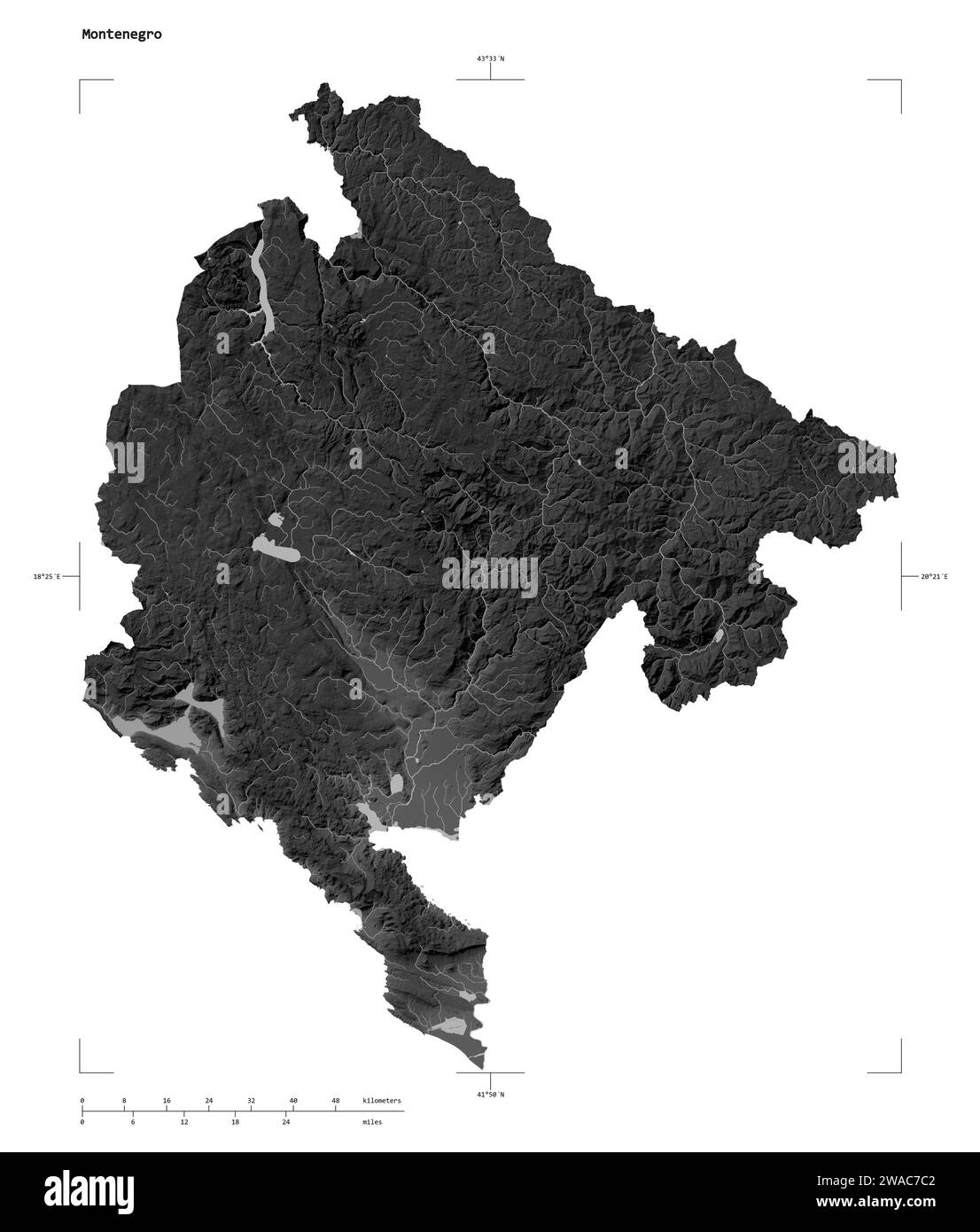 Shape of a Grayscale elevation map with lakes and rivers of the Montenegro, with distance scale ...