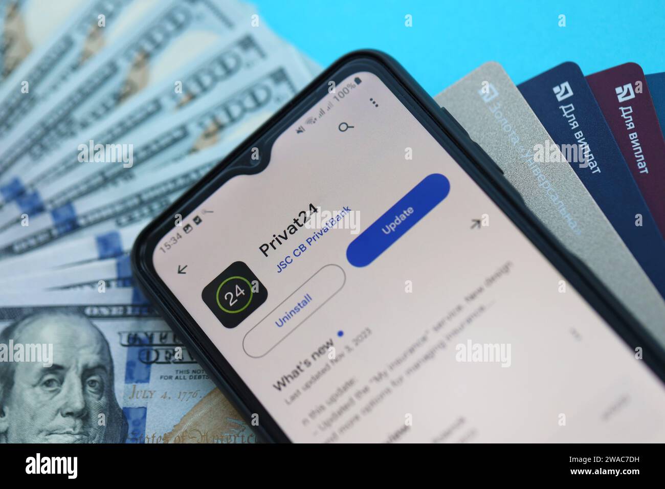 TERNOPIL, UKRAINE - JULY 7, 2023 Privatbank new banking plastic cards ...