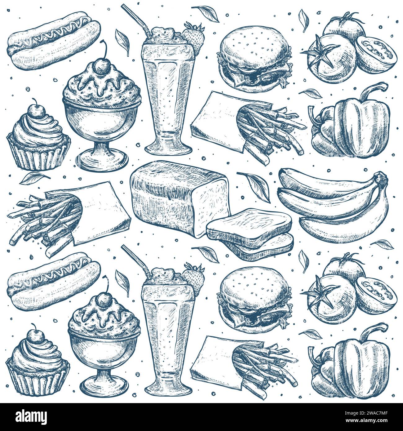 Simply food illustration. Classic hand drawn sketch with milkshake ...