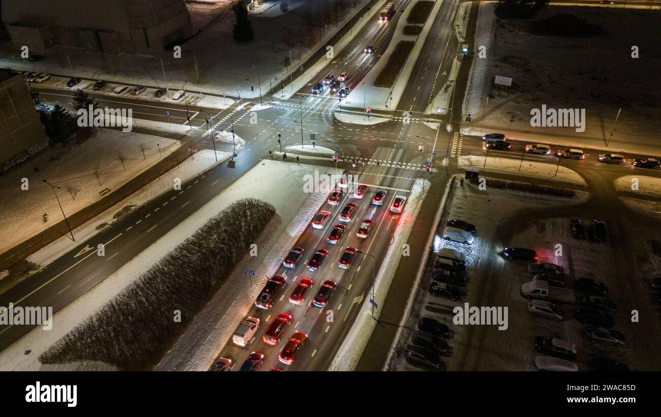 Drone photography of high intensity roadway during winter night with ...
