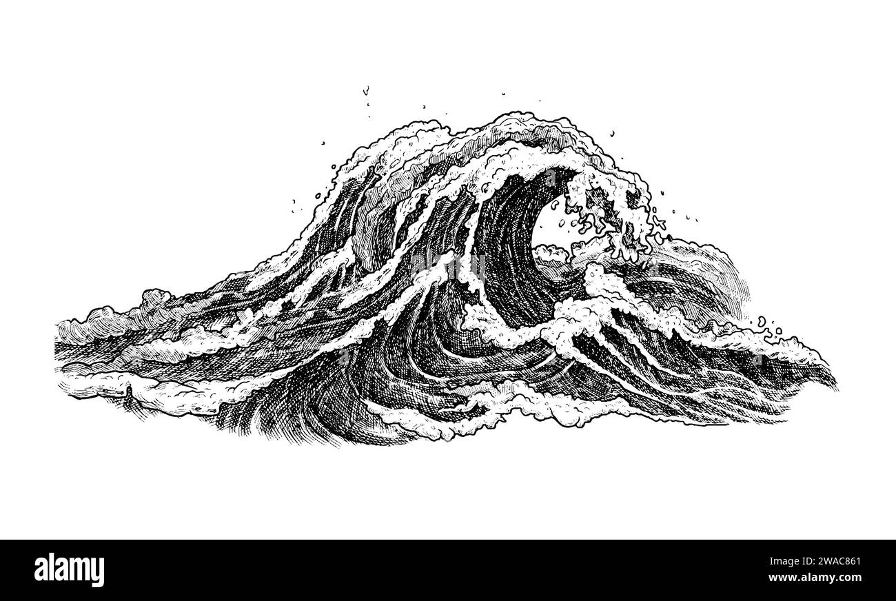 Sea wave sketch. Hand drawn ocean tidal storm waves isolated on white ...