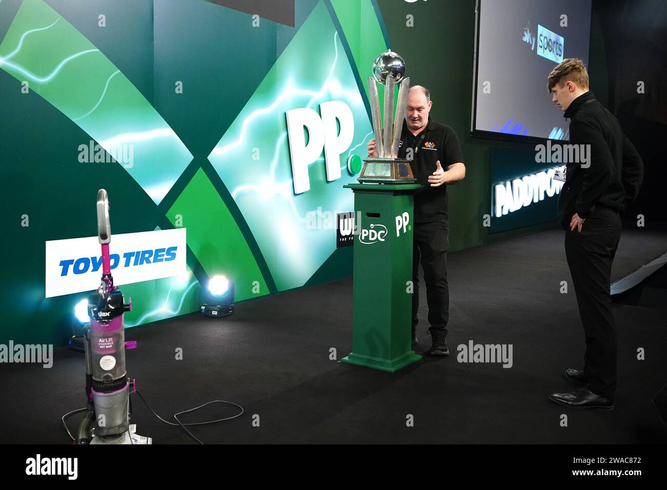 The Sid Waddell Trophy is prepared before the final of the Paddy Power ...