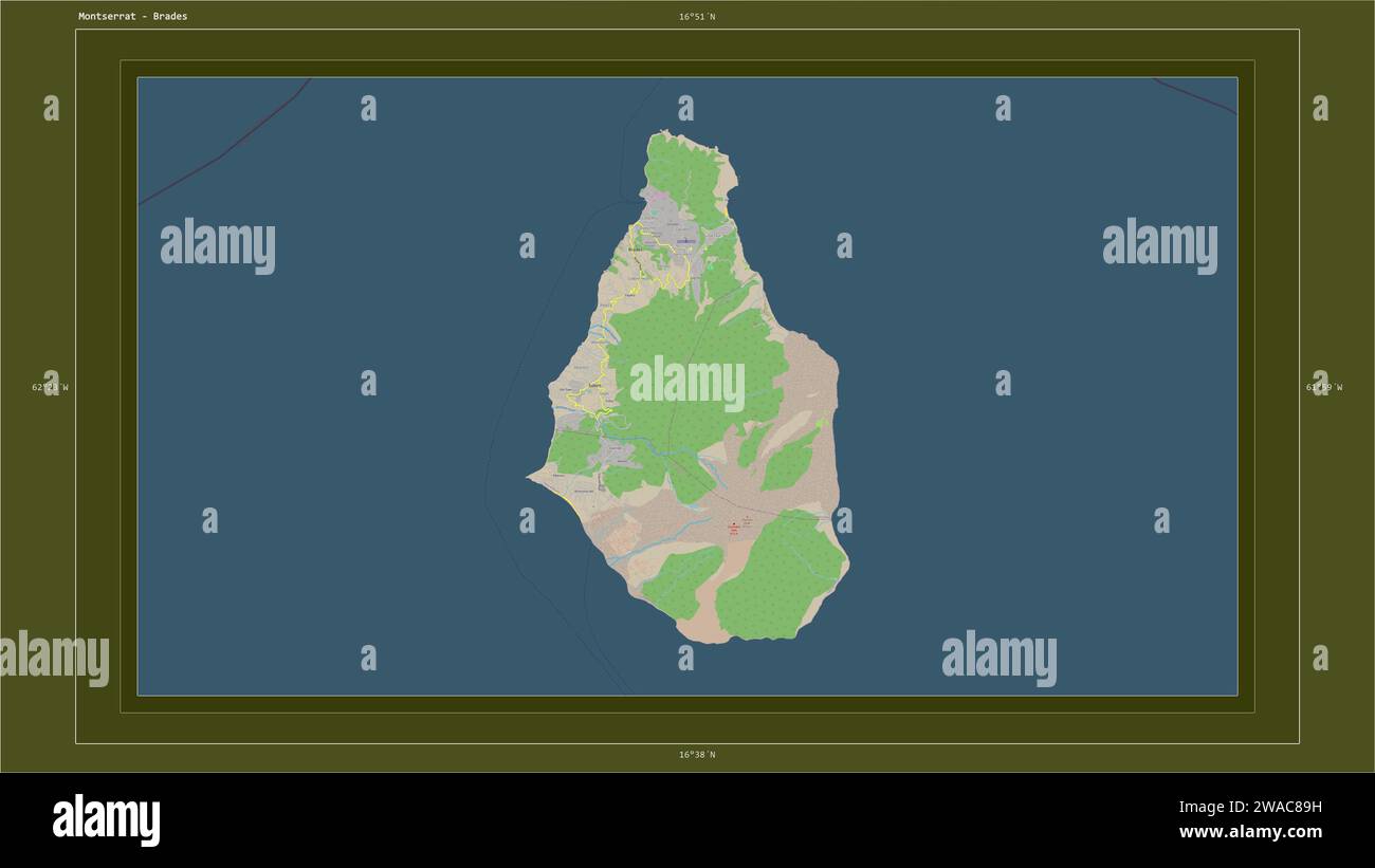 Montserrat highlighted on a topographic, OSM standard style map map with the country's capital ...