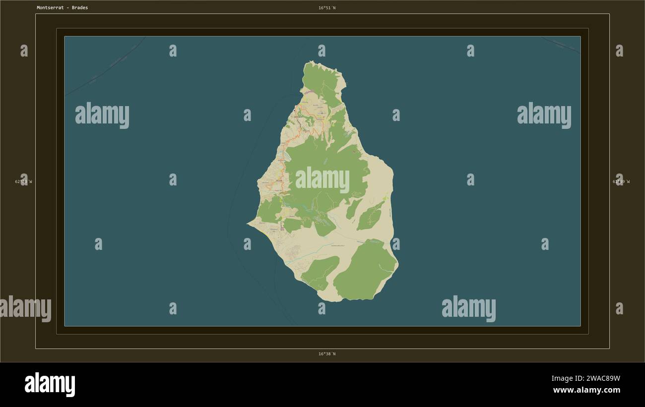 Montserrat highlighted on a topographic, OSM Humanitarian style map map with the country's ...