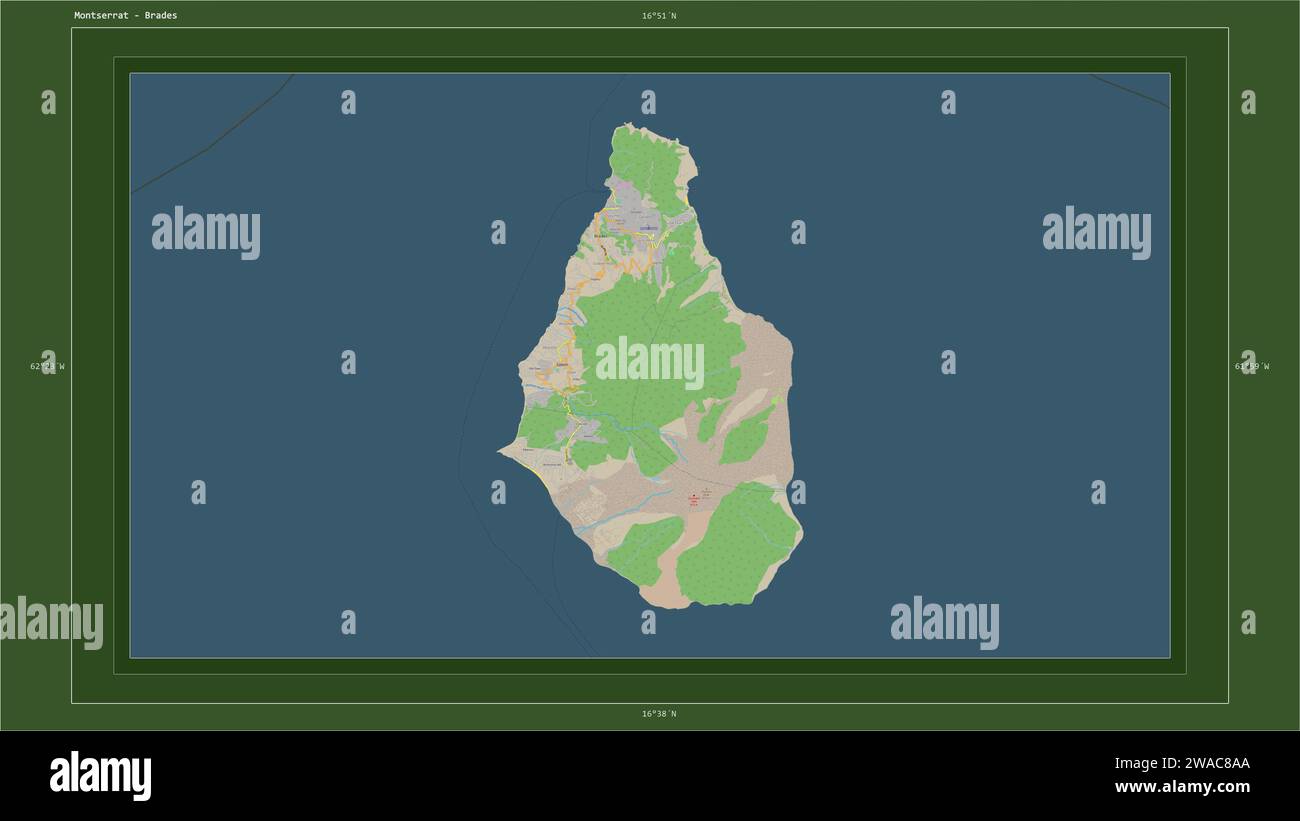 Montserrat highlighted on a topographic, OSM Germany style map map with the country's capital ...