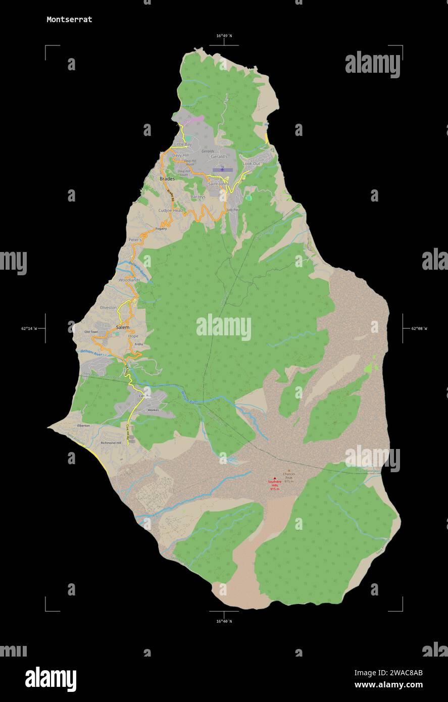 Shape of a topographic, OSM Germany style map of the Montserrat, with distance scale and map ...