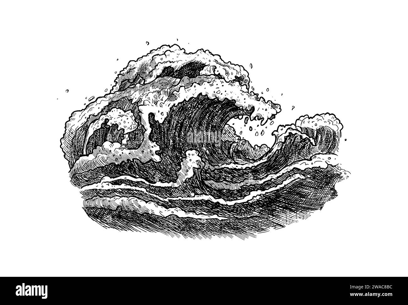 Sea wave sketch. Hand drawn ocean tidal storm waves isolated on white ...