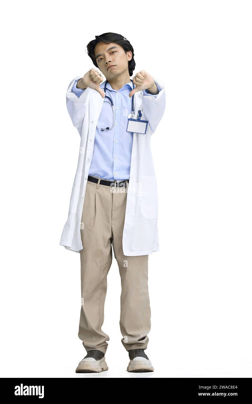 The doctor guy, on a white background, in full height, shows his ...
