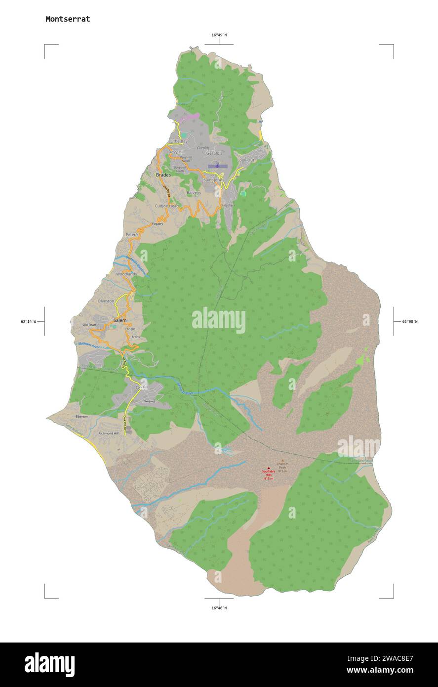 Shape of a topographic, OSM Germany style map of the Montserrat, with distance scale and map ...