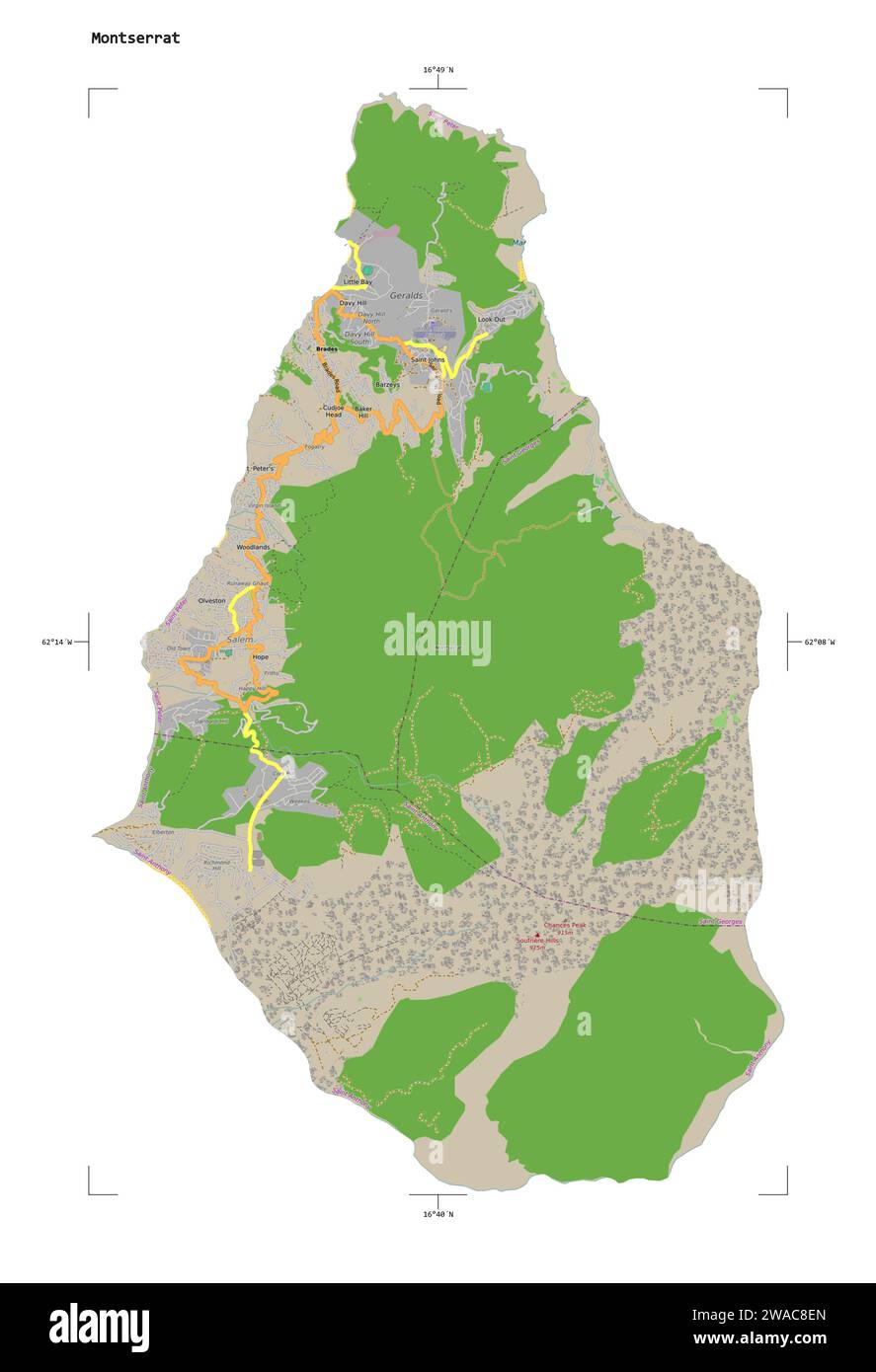 Shape of a topographic, OSM France style map of the Montserrat, with distance scale and map ...