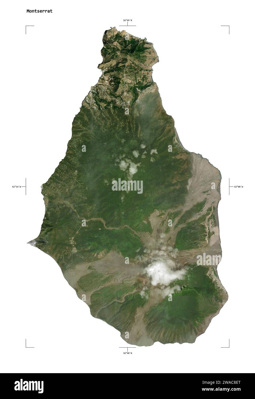 Shape of a high resolution satellite map of the Montserrat, with distance scale and map border ...