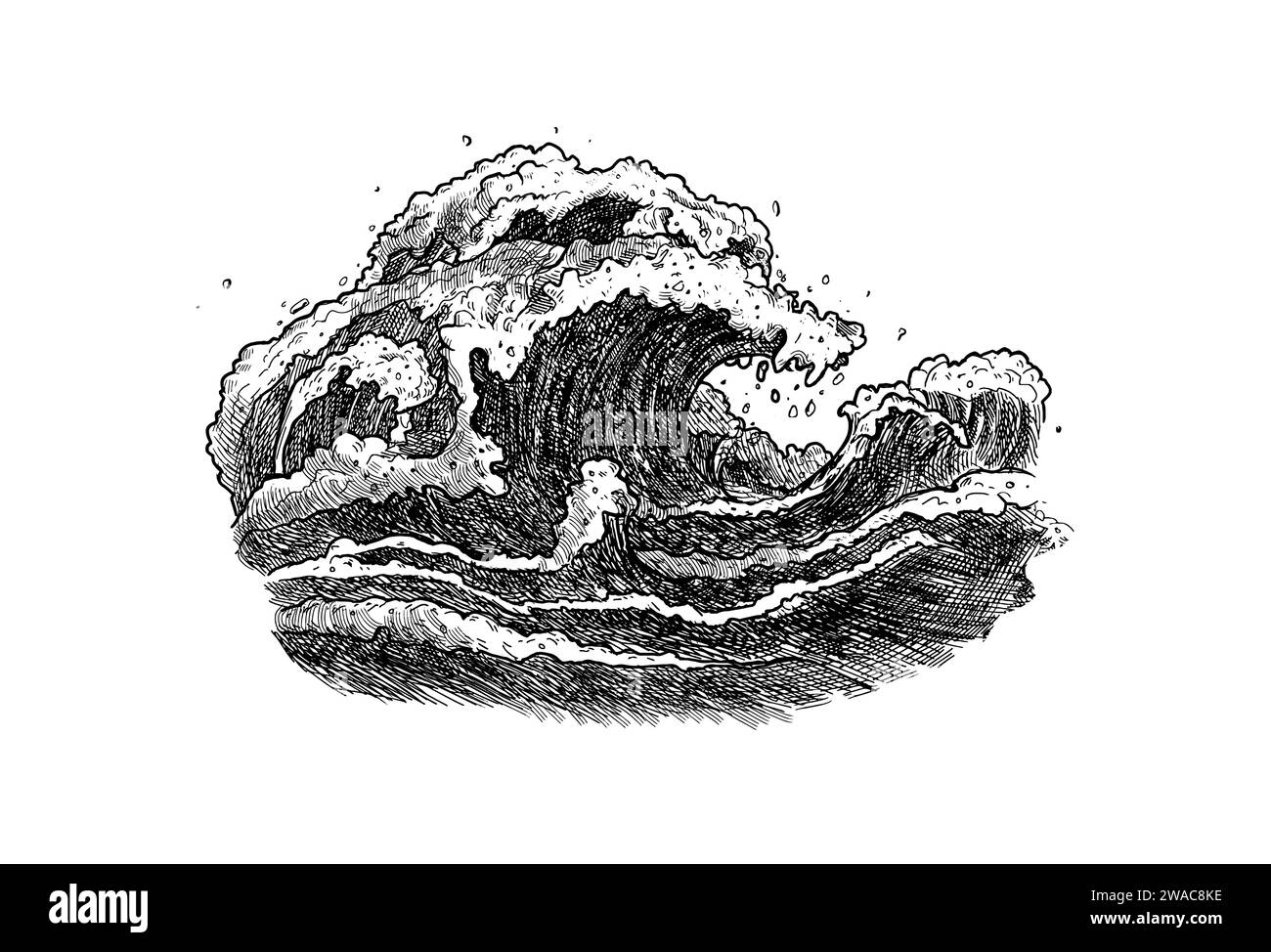 Sea wave sketch. Hand drawn ocean tidal storm waves isolated on white ...