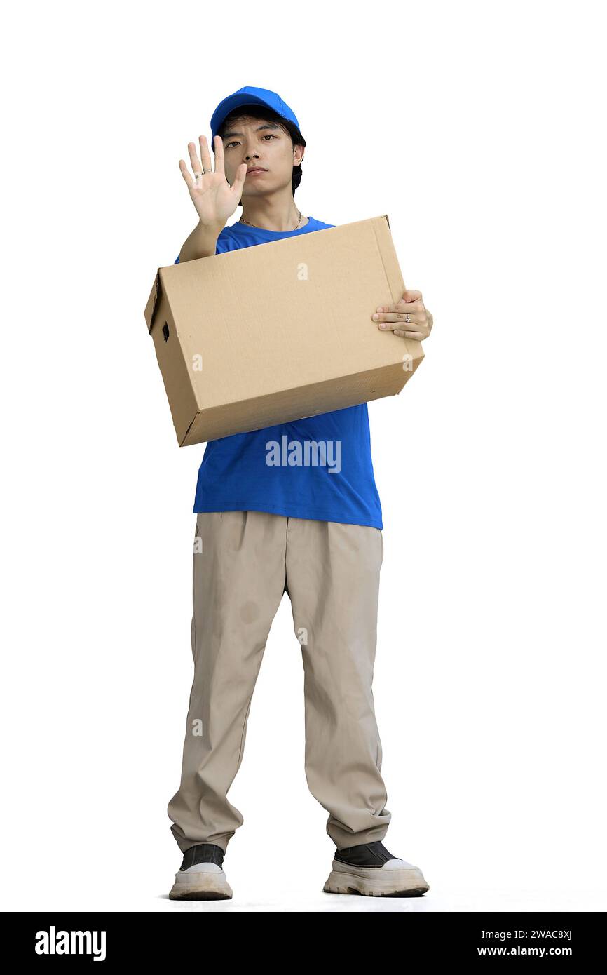 The delivery guy, on a white background, full-length, with a box, shows ...