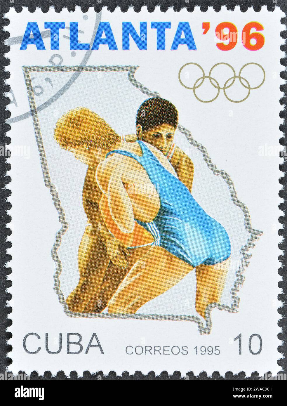 Cancelled postage stamp printed by Cuba, that shows Wrestling, Summer ...