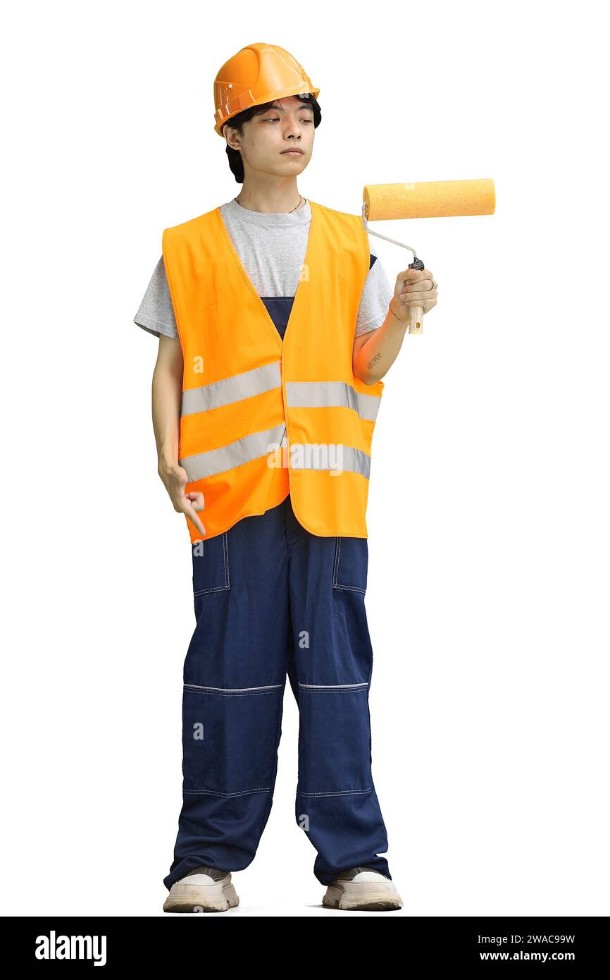 The guy is a builder, on a white background, full-length, with a roller ...