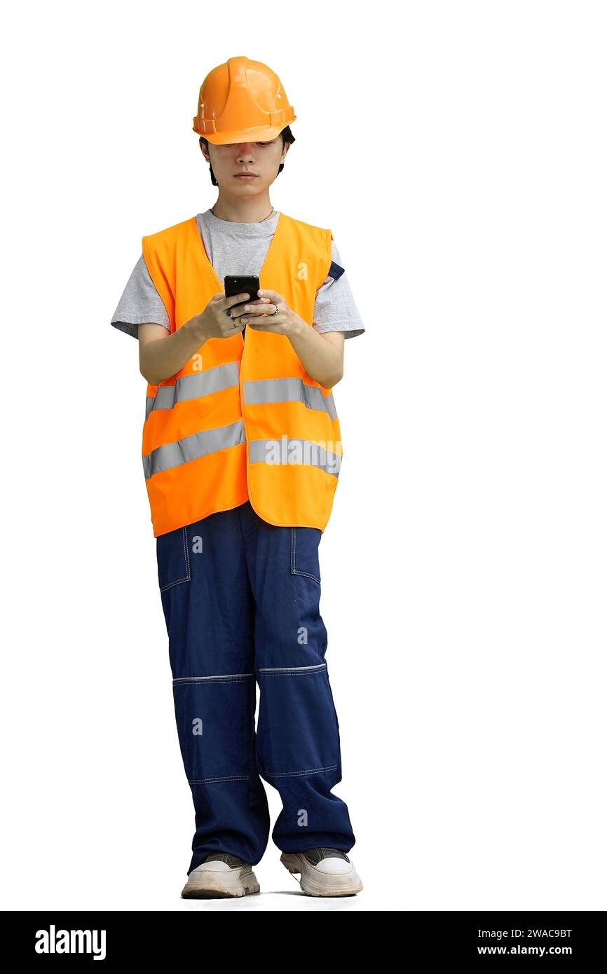 The guy is a builder, on a white background, full-length, with a roller ...