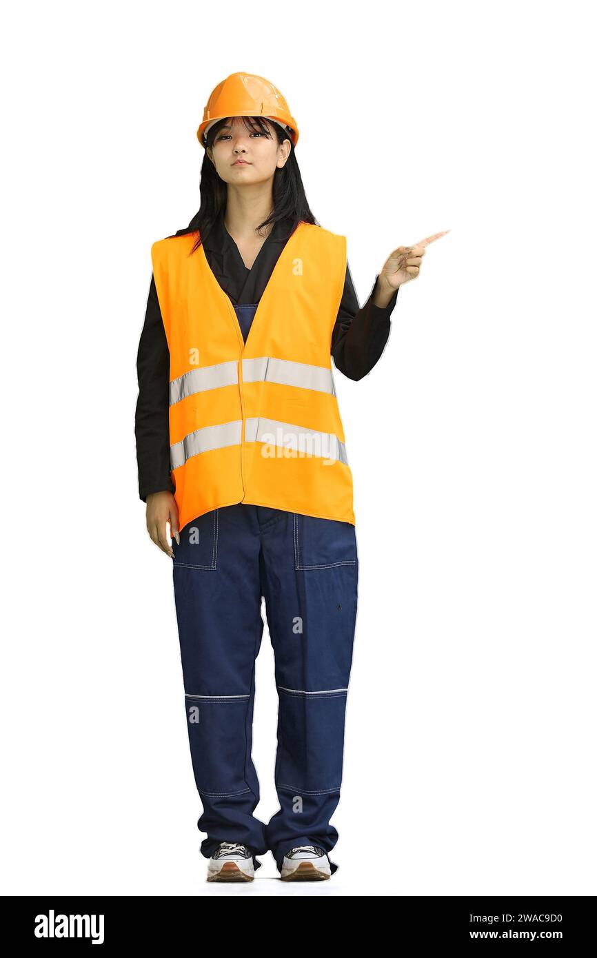 A construction worker girl, on a white background, in full height ...
