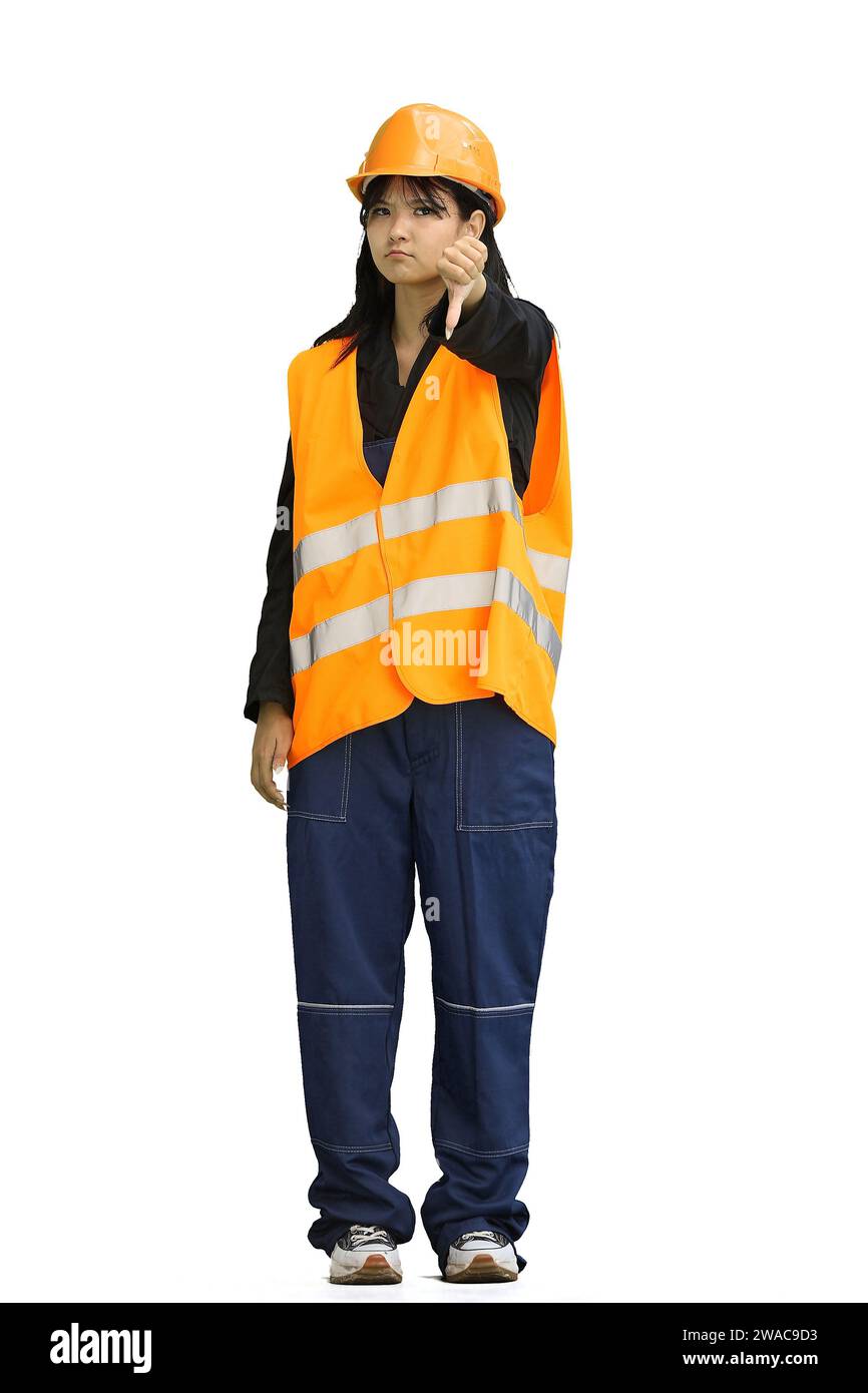 A construction worker girl, on a white background, in full height ...